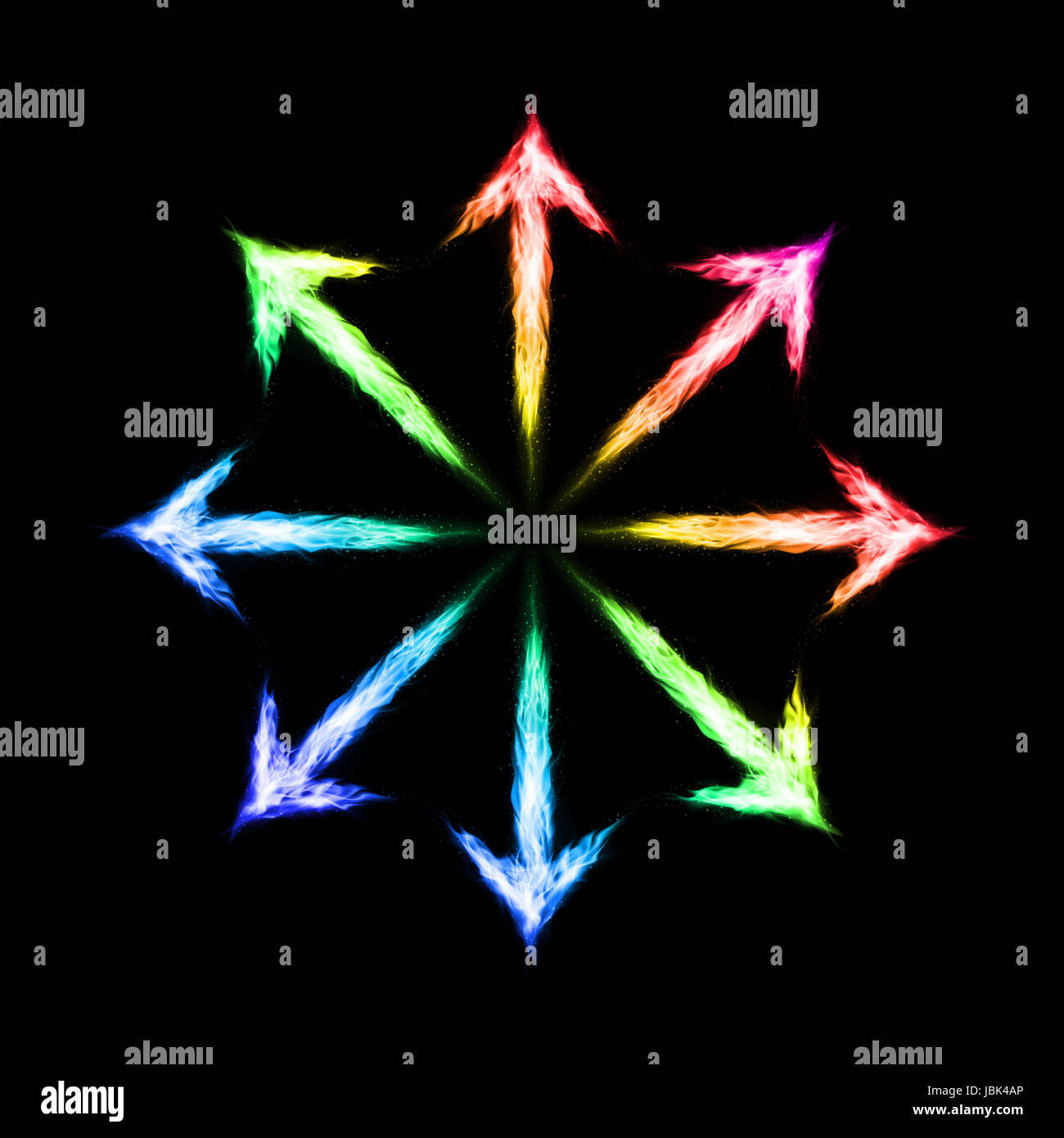 Many colorful fire arrows directed outwards. Illustration on black ...