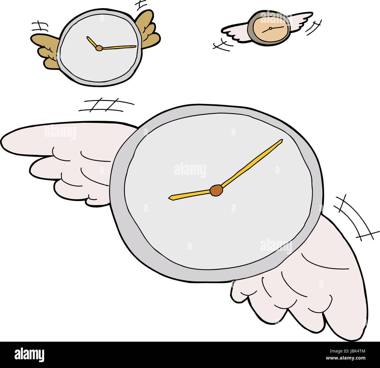 Three clocks with wings flying over white background Stock Photo - Alamy