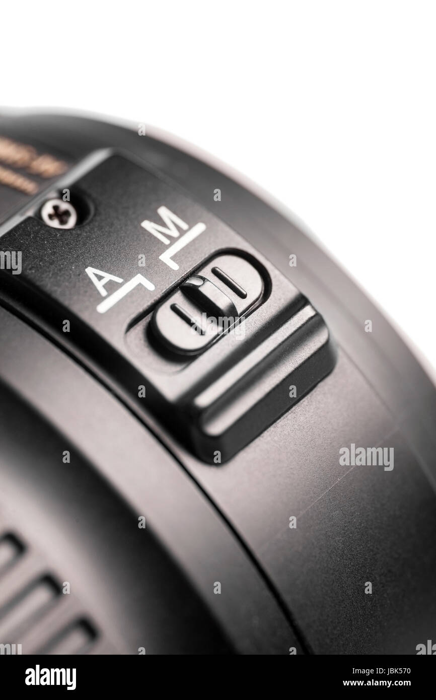 Detail of the auto focus switch on a photo lenses Stock Photo - Alamy
