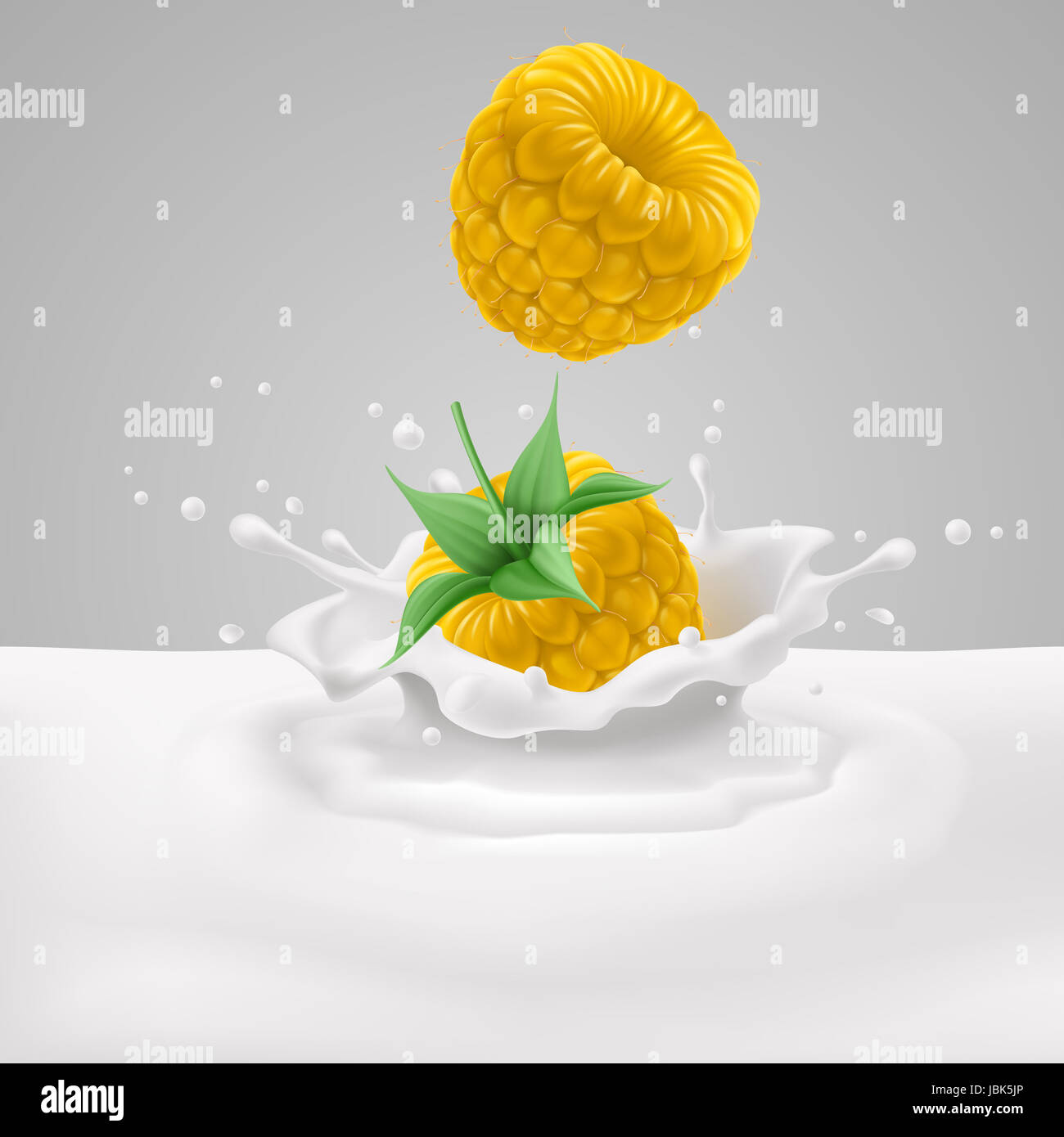Two appetizing raspberries falling into milk with splashes Stock Photo ...