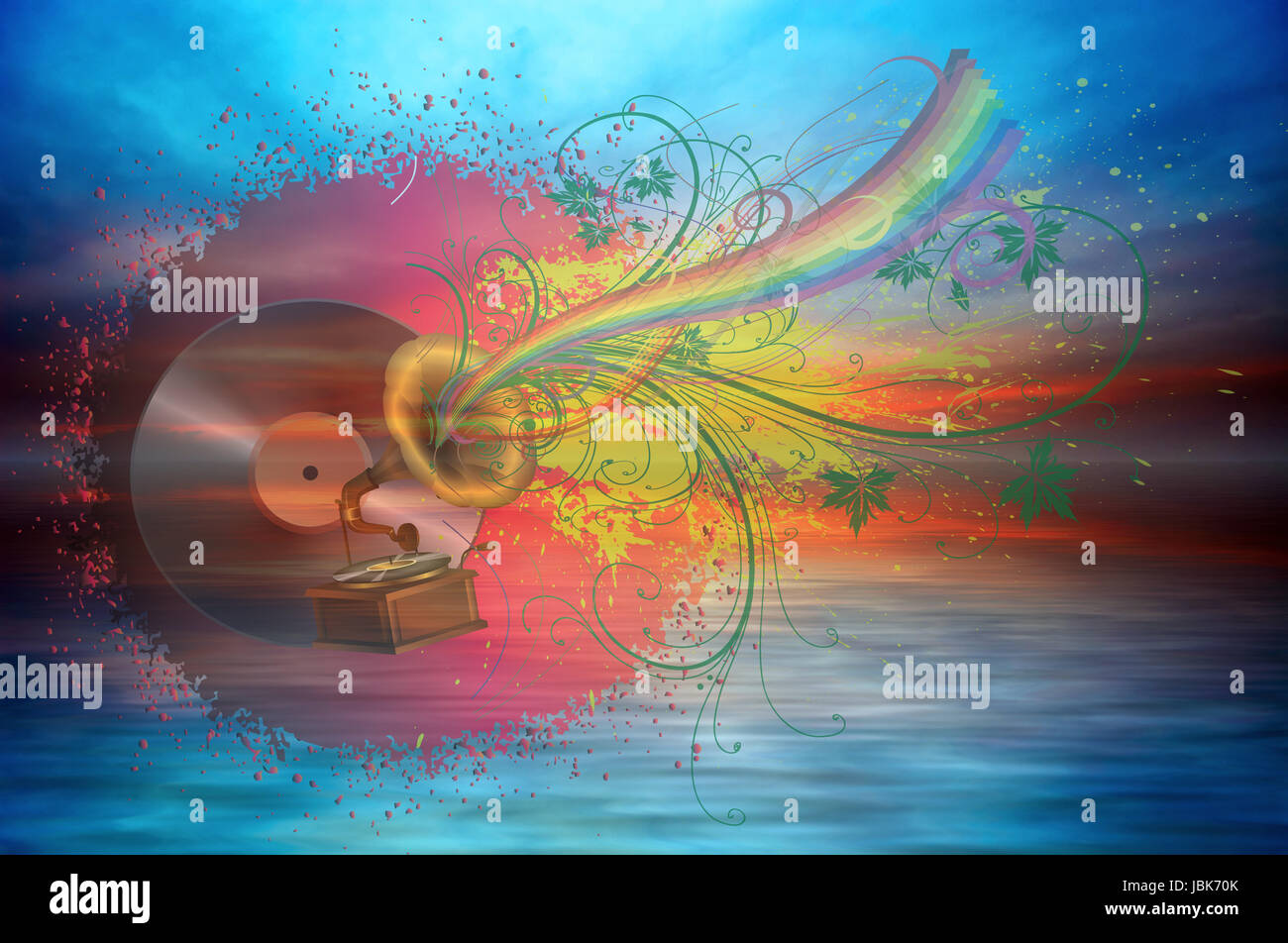 Music rainbow on the ocean sunset background Stock Photo - Alamy