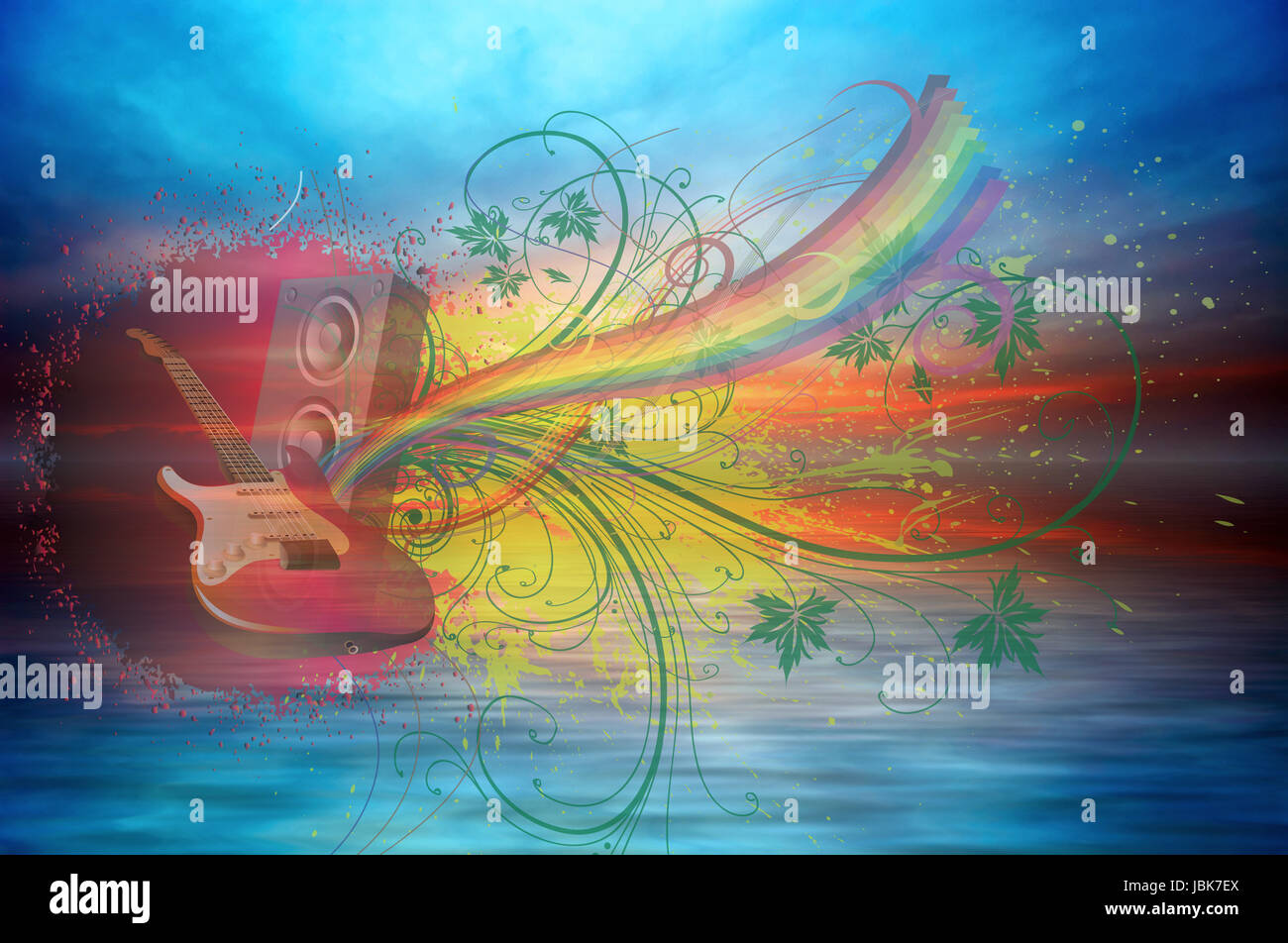 Music rainbow on the ocean sunset background Stock Photo - Alamy