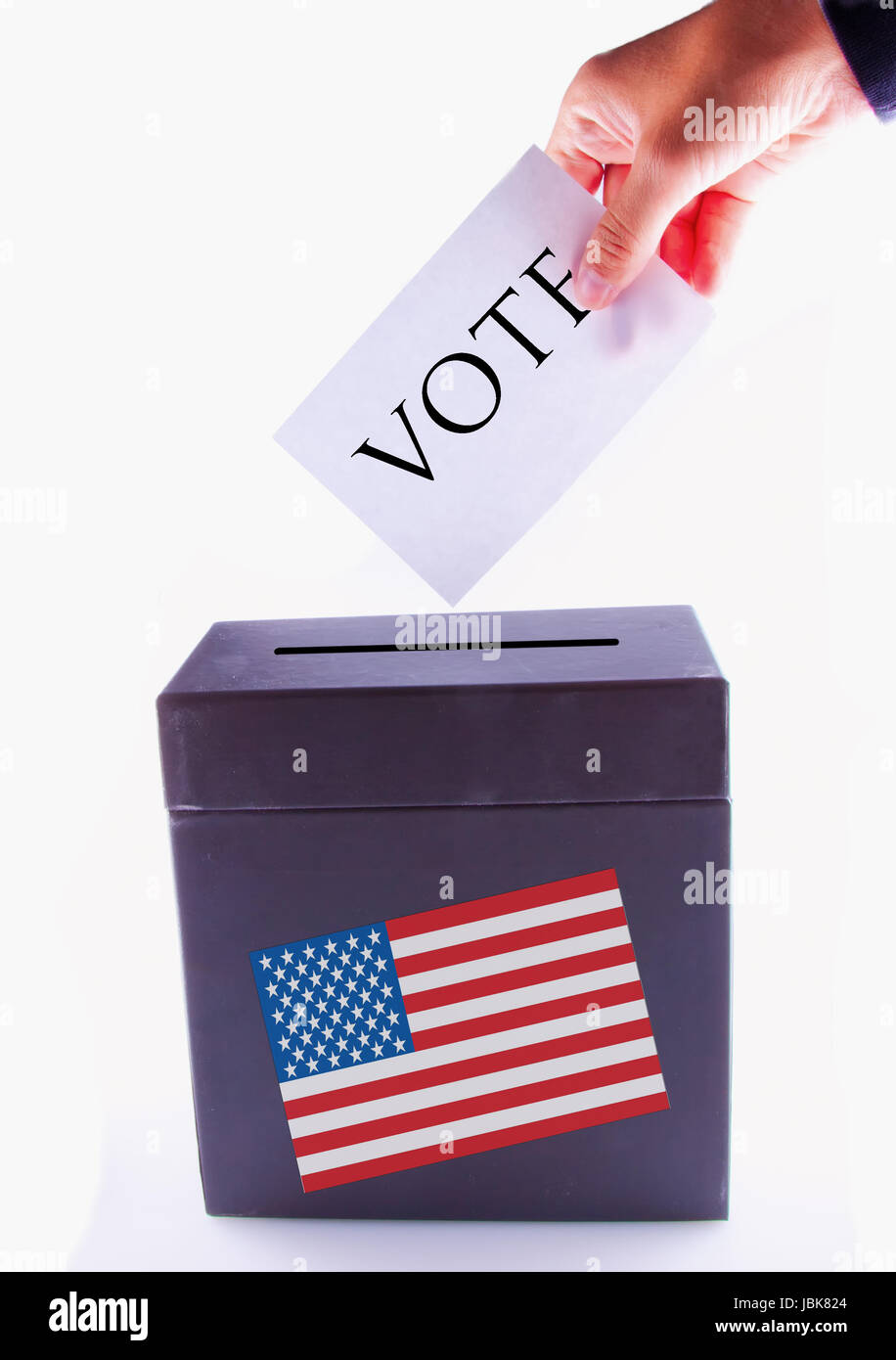Urn for vote, with male hand posting vote and US banner Stock Photo - Alamy