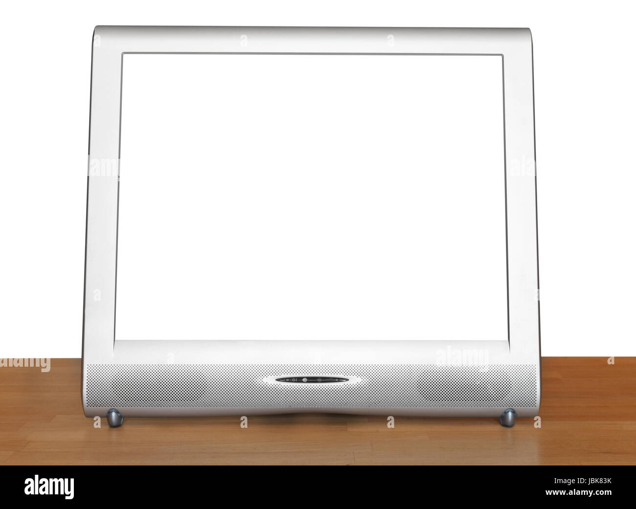 front view of silver TV set display with cut out screen on wooden table ...