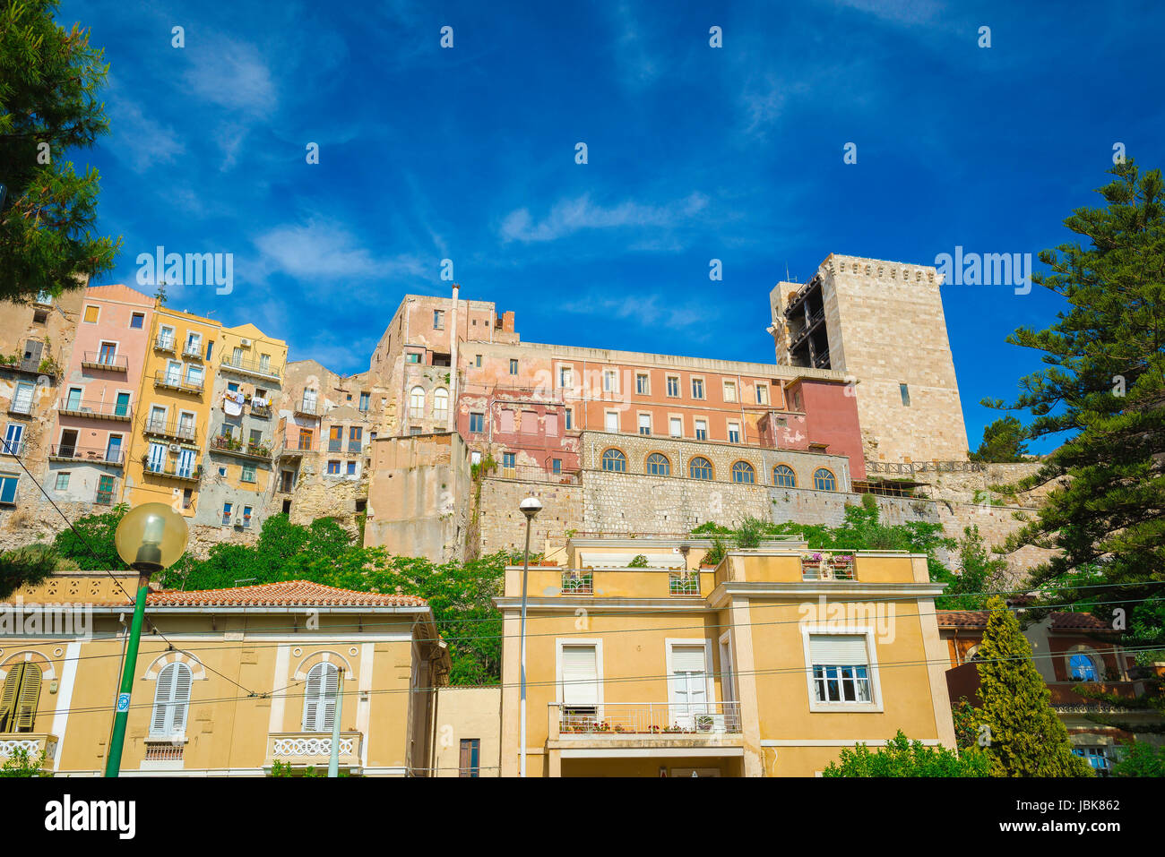 Cagliari Castello, view of houses that form a section of the high walls ...