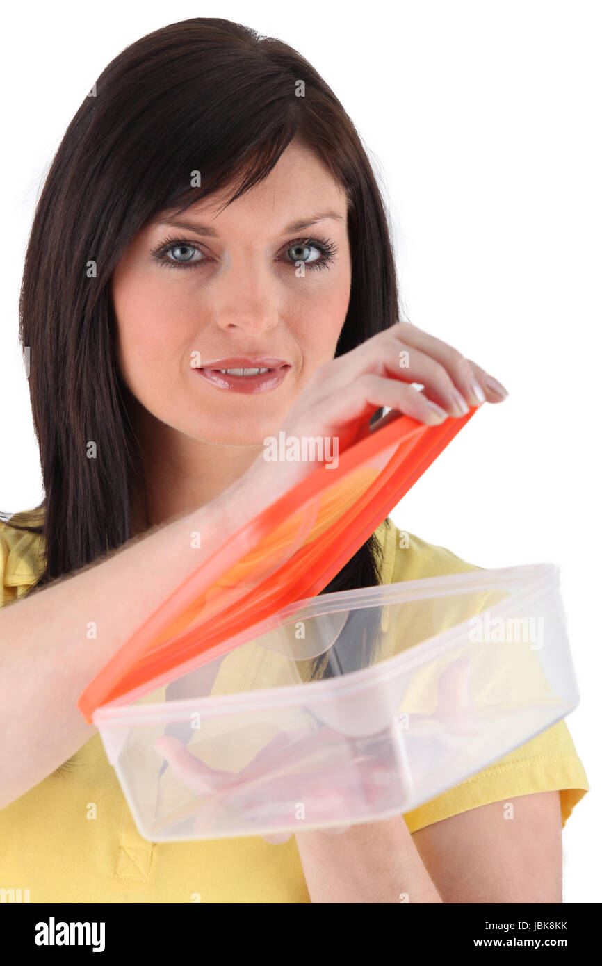 a woman and airtight plastic box Stock Photo - Alamy