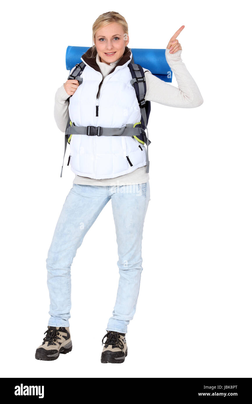 female tourist pointing a direction Stock Photo - Alamy