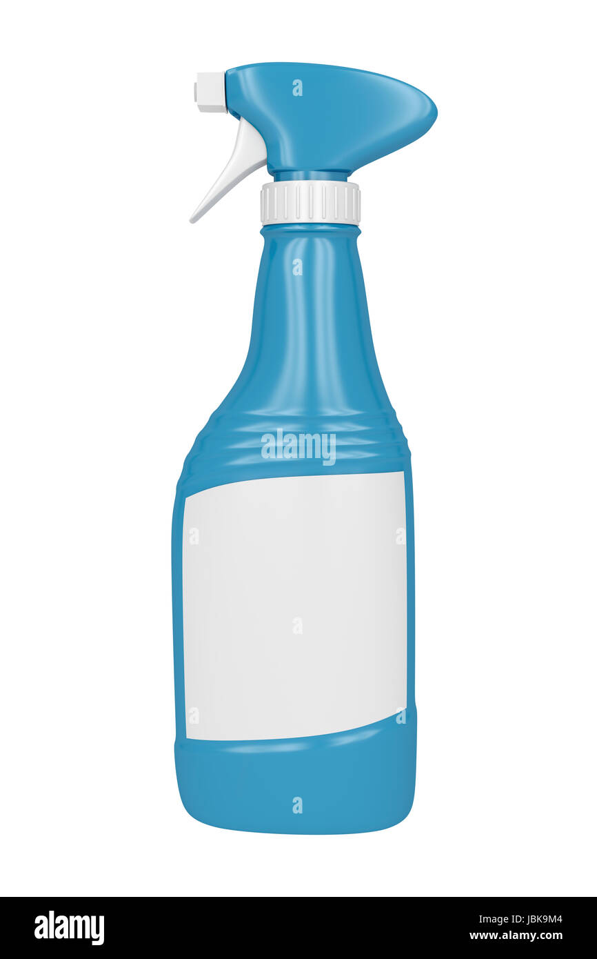 Blue spray bottle with empty label on white background Stock Photo - Alamy