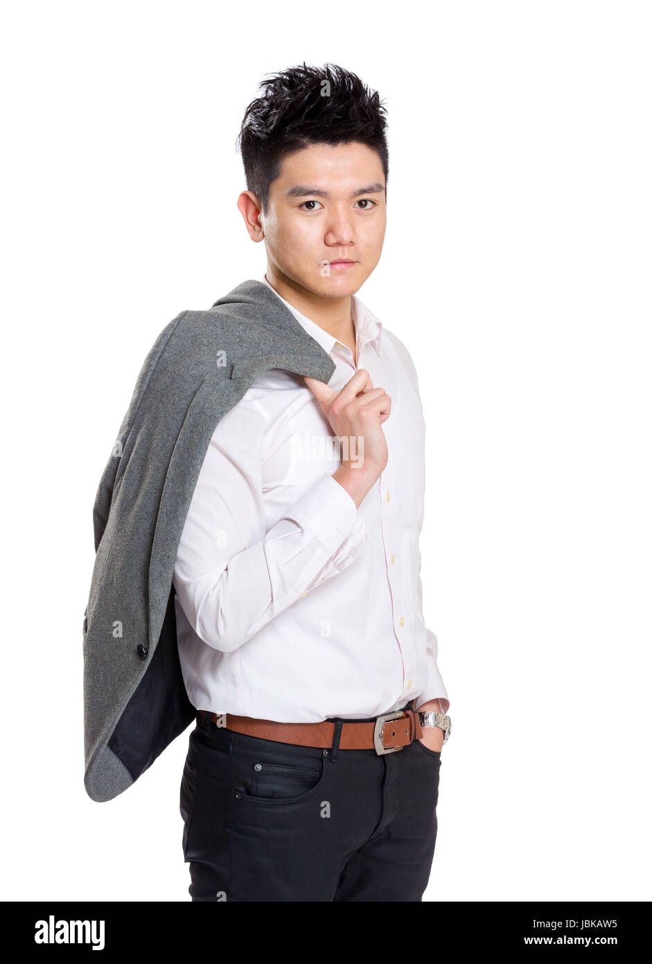 Asian businessman holding jacket Stock Photo - Alamy