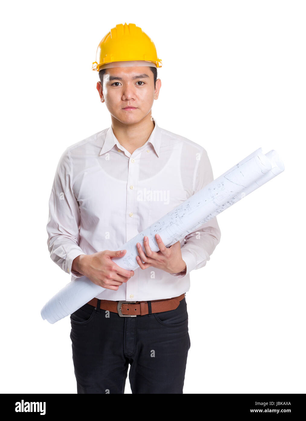 Asian engineer holding with blueprint Stock Photo - Alamy