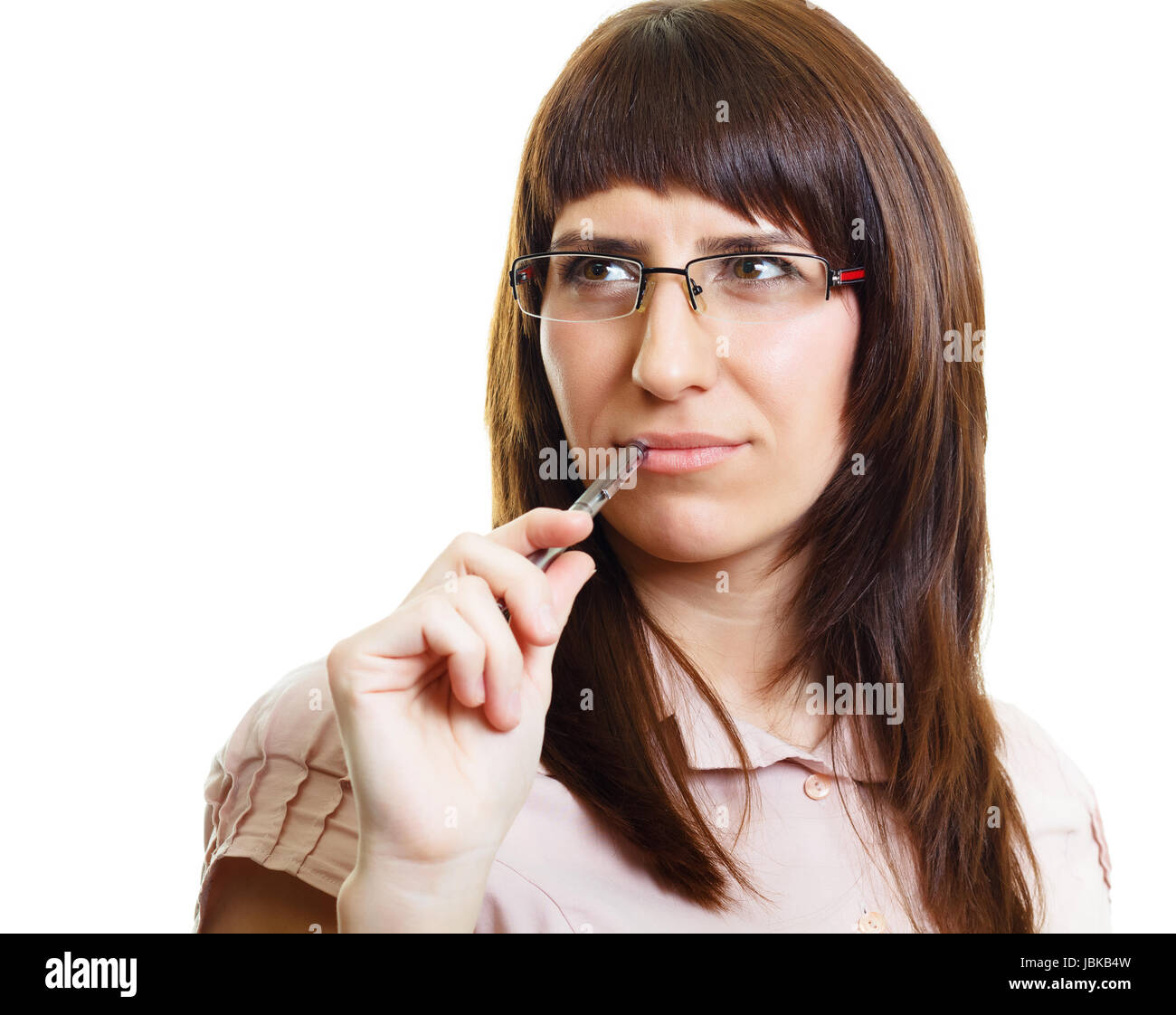 Attractive young woman with a pen on an isolated white background Stock ...