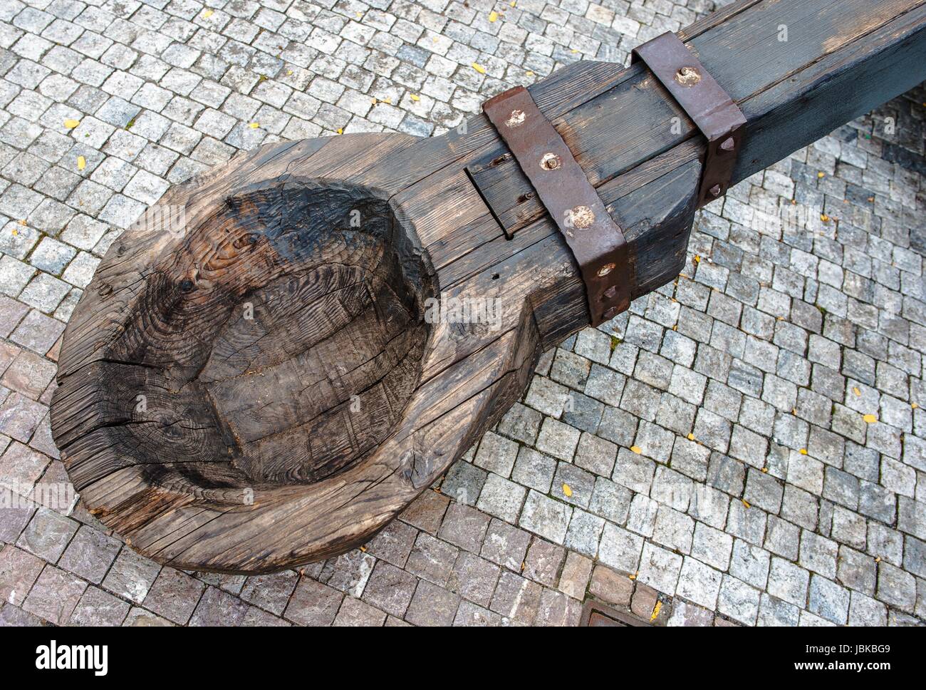 Wooden Catapult Bucket Closeup Photo. Vintage Military Equipment Stock ...