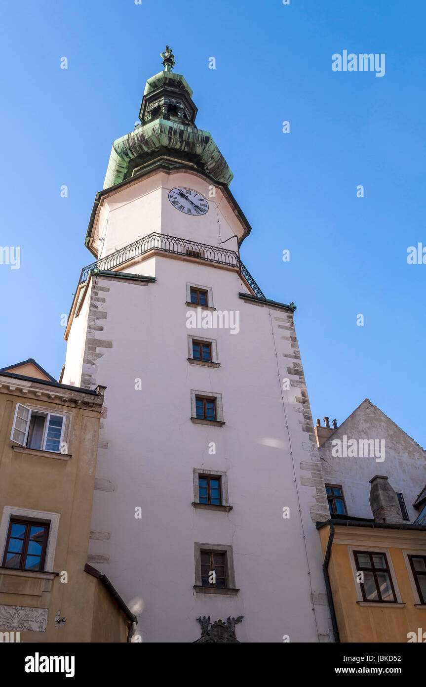 Clock tower at the St. Michael's Gate, Bratislava, Slovakia Stock Photo ...