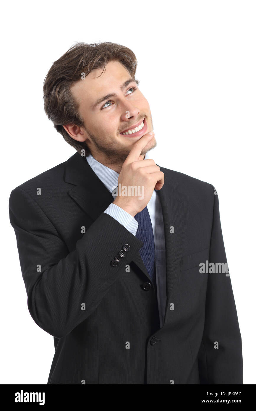 Happy business man thinking and looking at side isolated on a white ...
