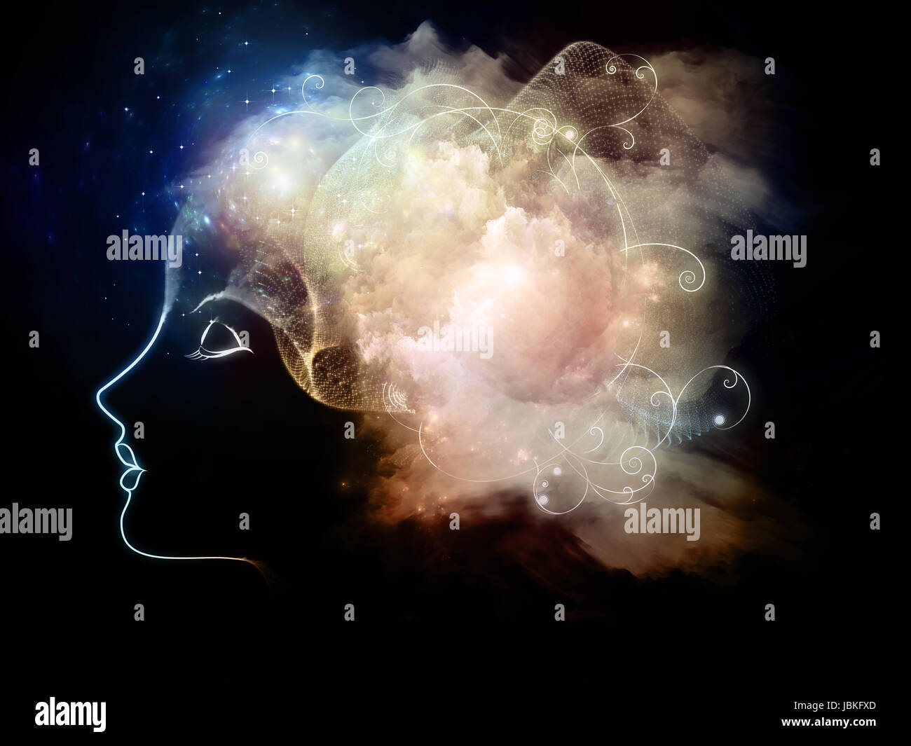 Universal Mind series. Backdrop of human head and fractal clouds to ...