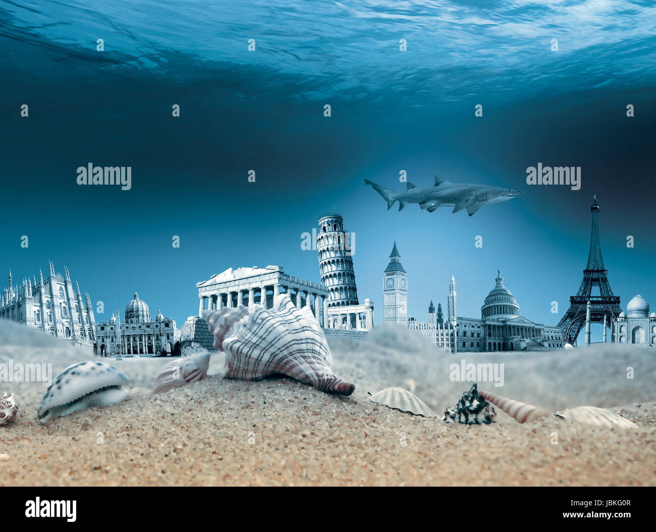 Landmarks from the world underwater with sand, shells and shark Stock ...