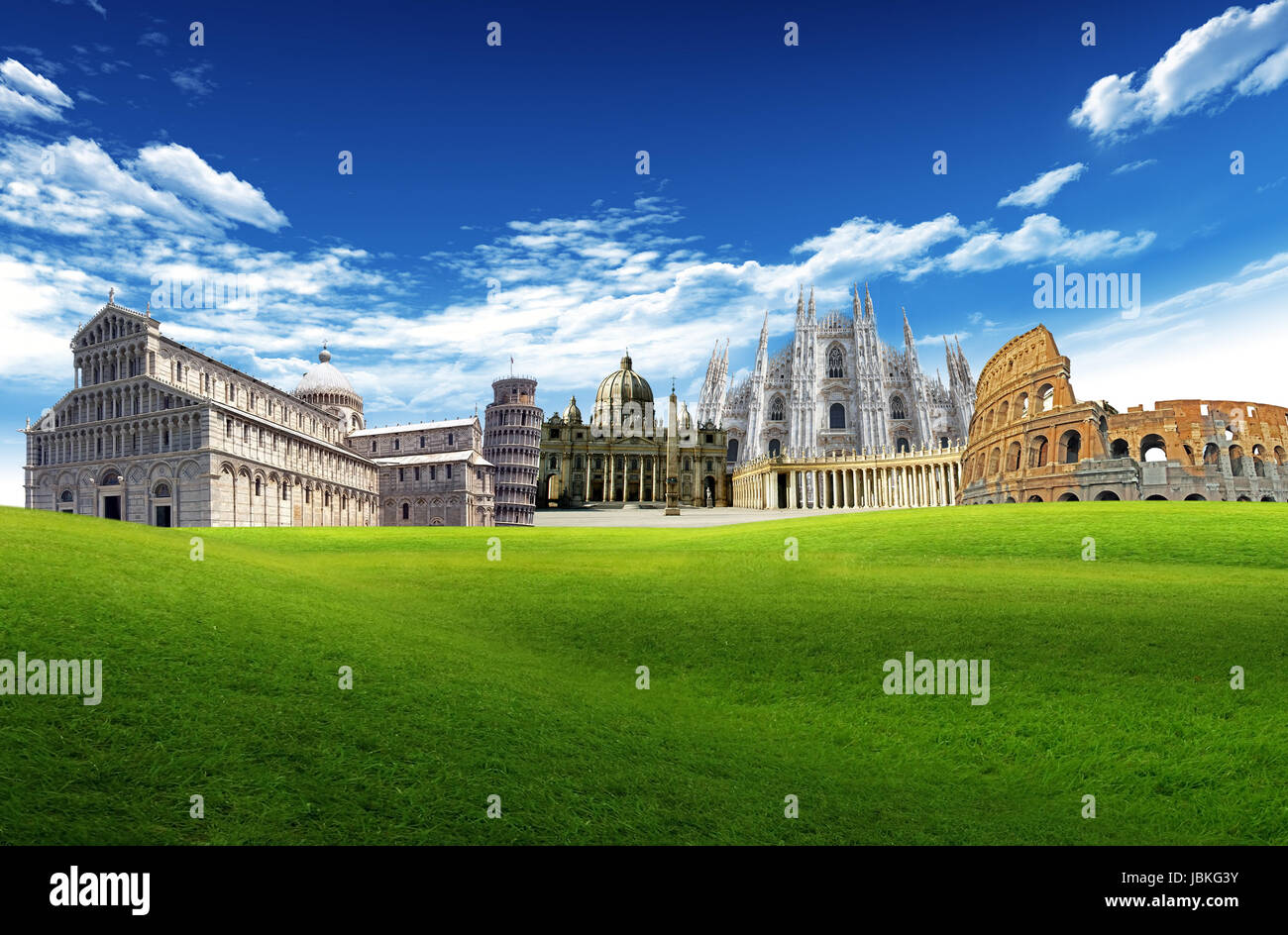 Grassland with Italian Landmarks in the background and blue sky and ...