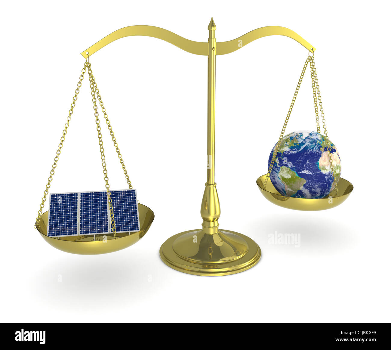one balance with an earth globe and solar panels, concept of renewable ...