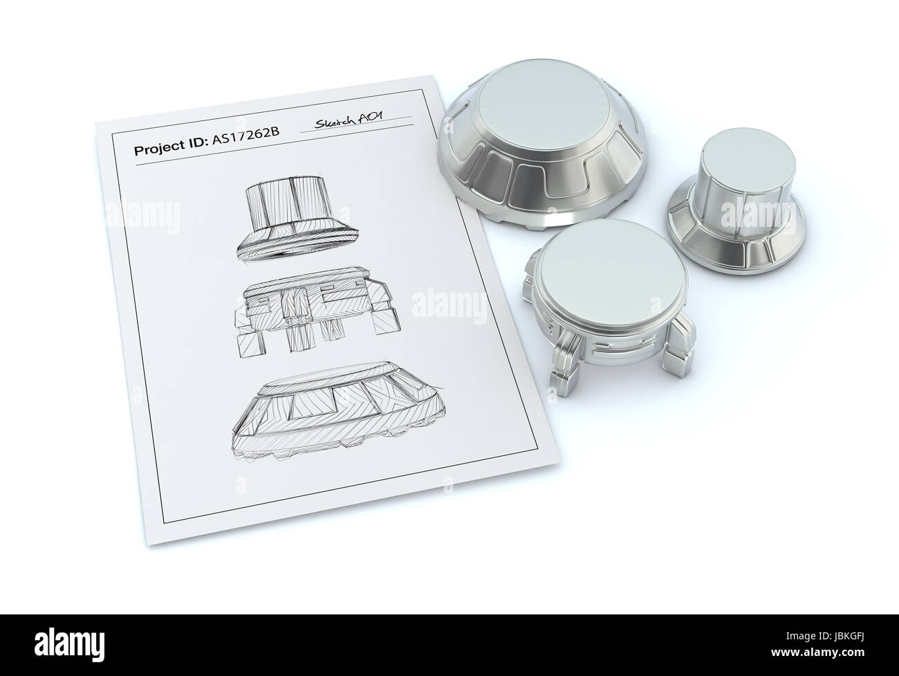 one paper sheet with a sketch of a mechanical part and the finished ...