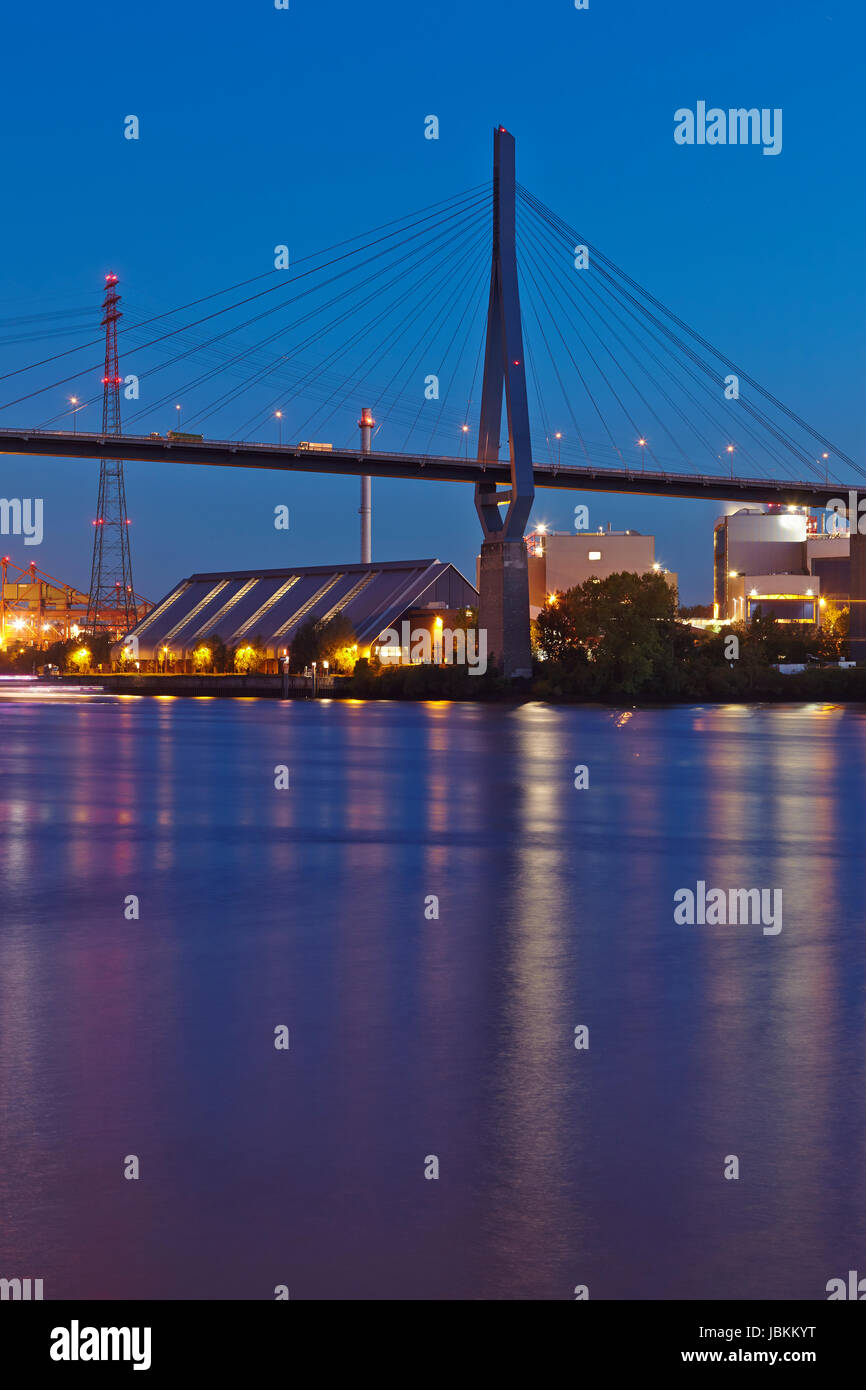 The bridge pier and tension cables of the Koehlbrand Bridge in Hamburg ...