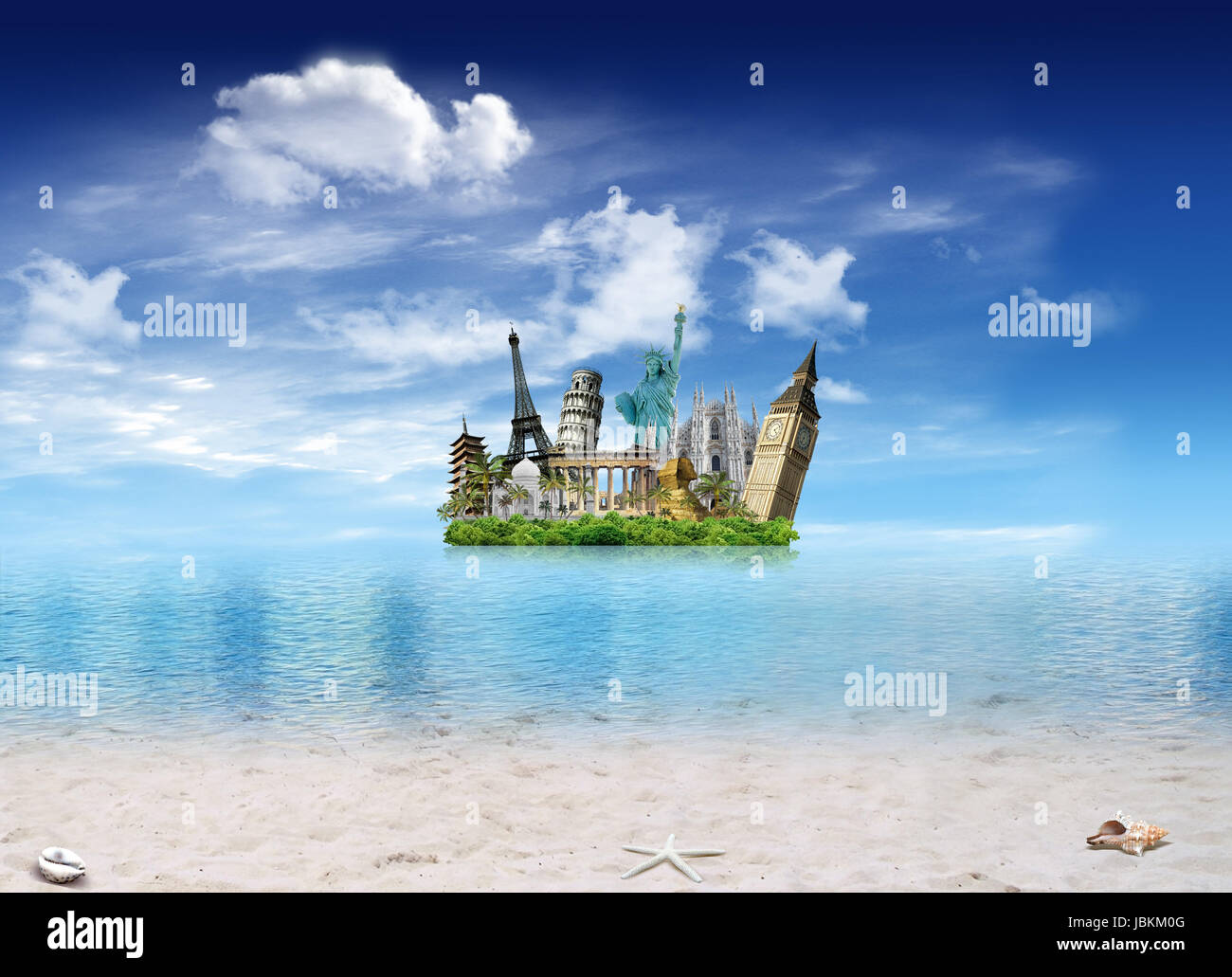 Tropical beach with shells and tropical island with world landmarks on ...