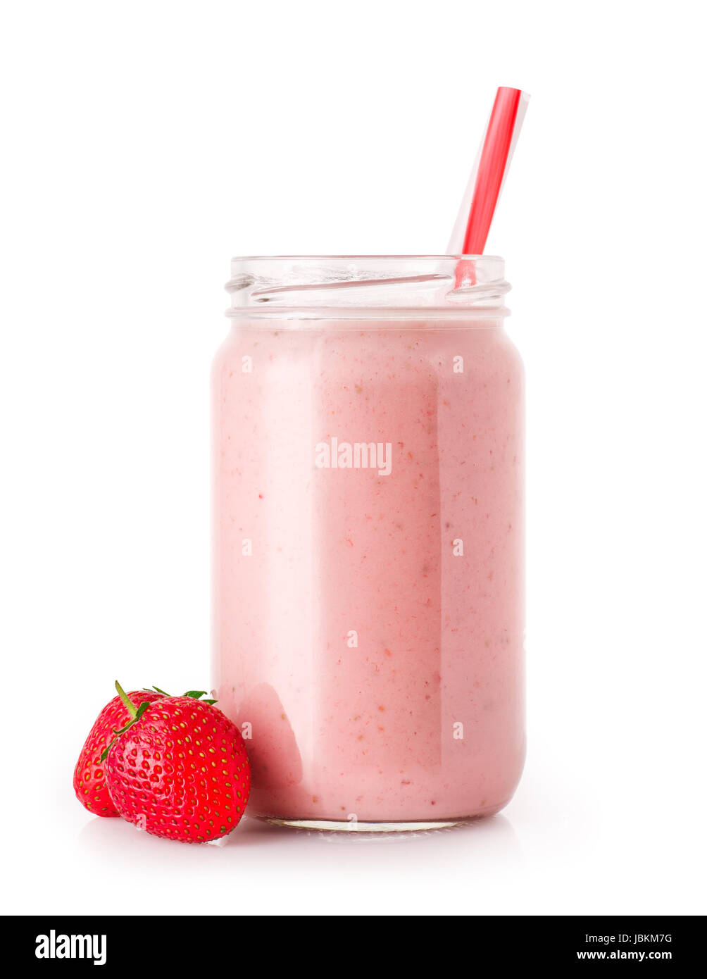 strawberry smoothie with straw in jar and fresh ripe strawberries near ...
