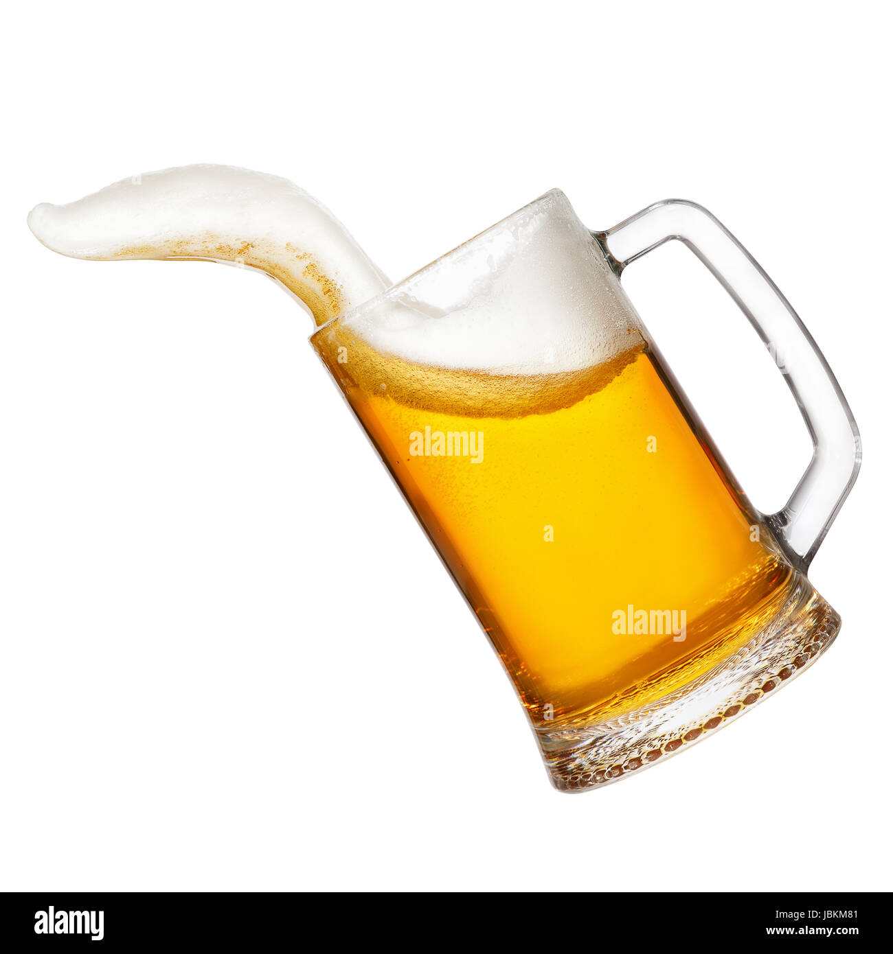 splashing beer in mug isolated on white background. Splash of beer foam ...