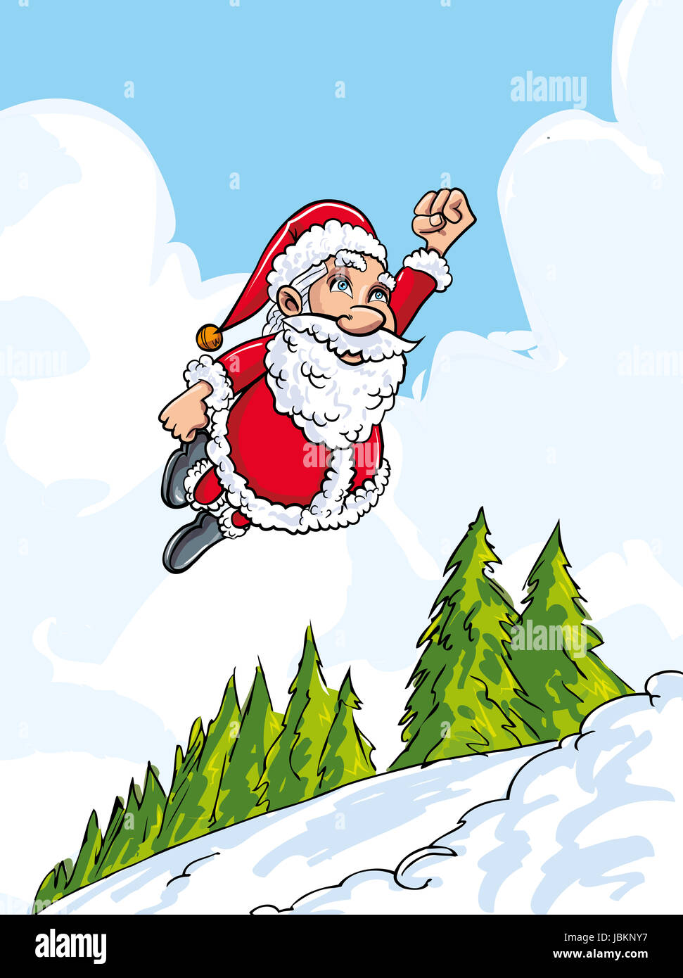 Cartoon Santa flying like super above snowy landscape below Stock Photo ...