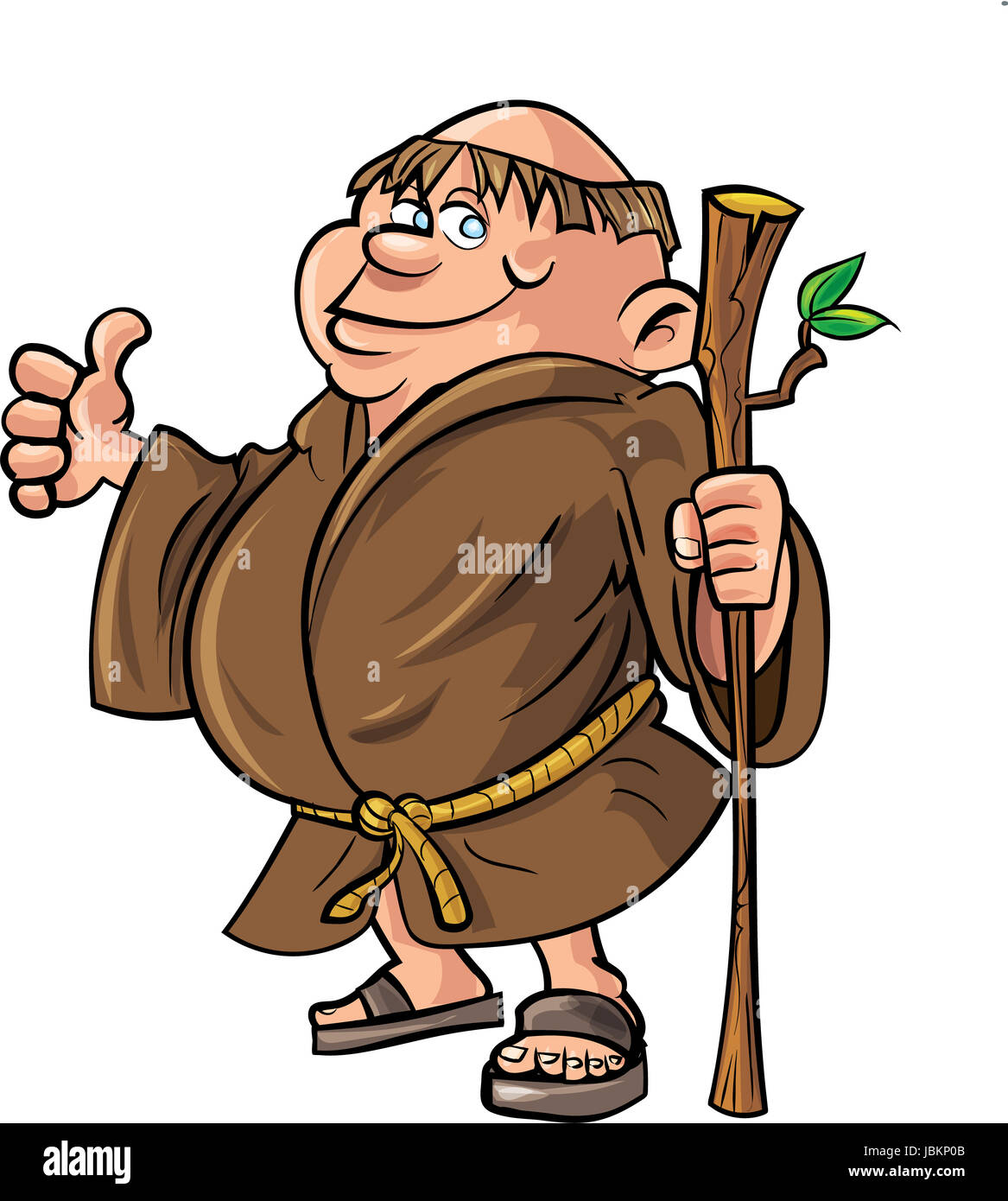 Cartoon monk holding a stick. Isolated on white Stock Photo - Alamy