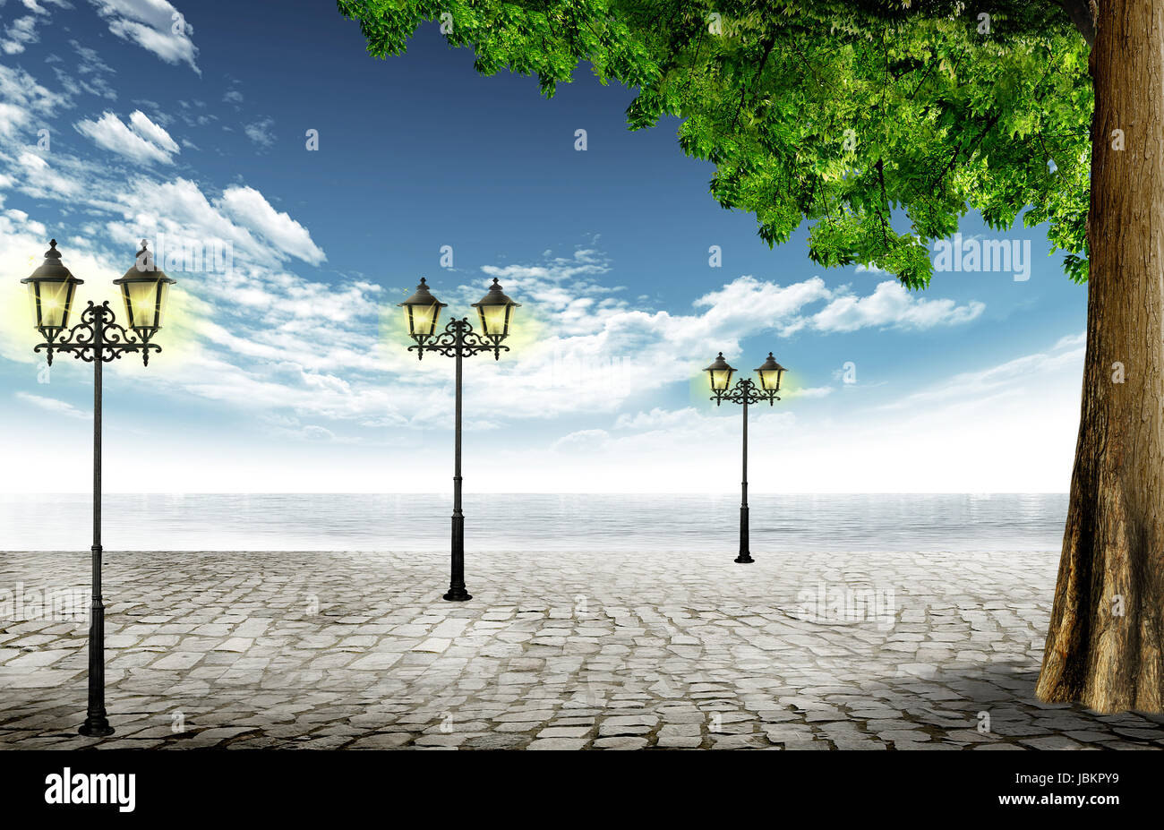 Beautiful landscape with tree, street light and path to the lake Stock ...
