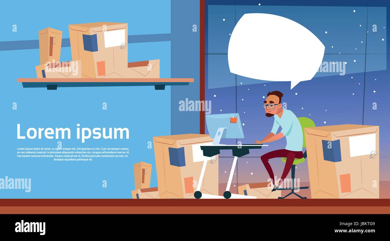 Man Use Computer Work On Delivery Service Package Post Boxes Banner ...