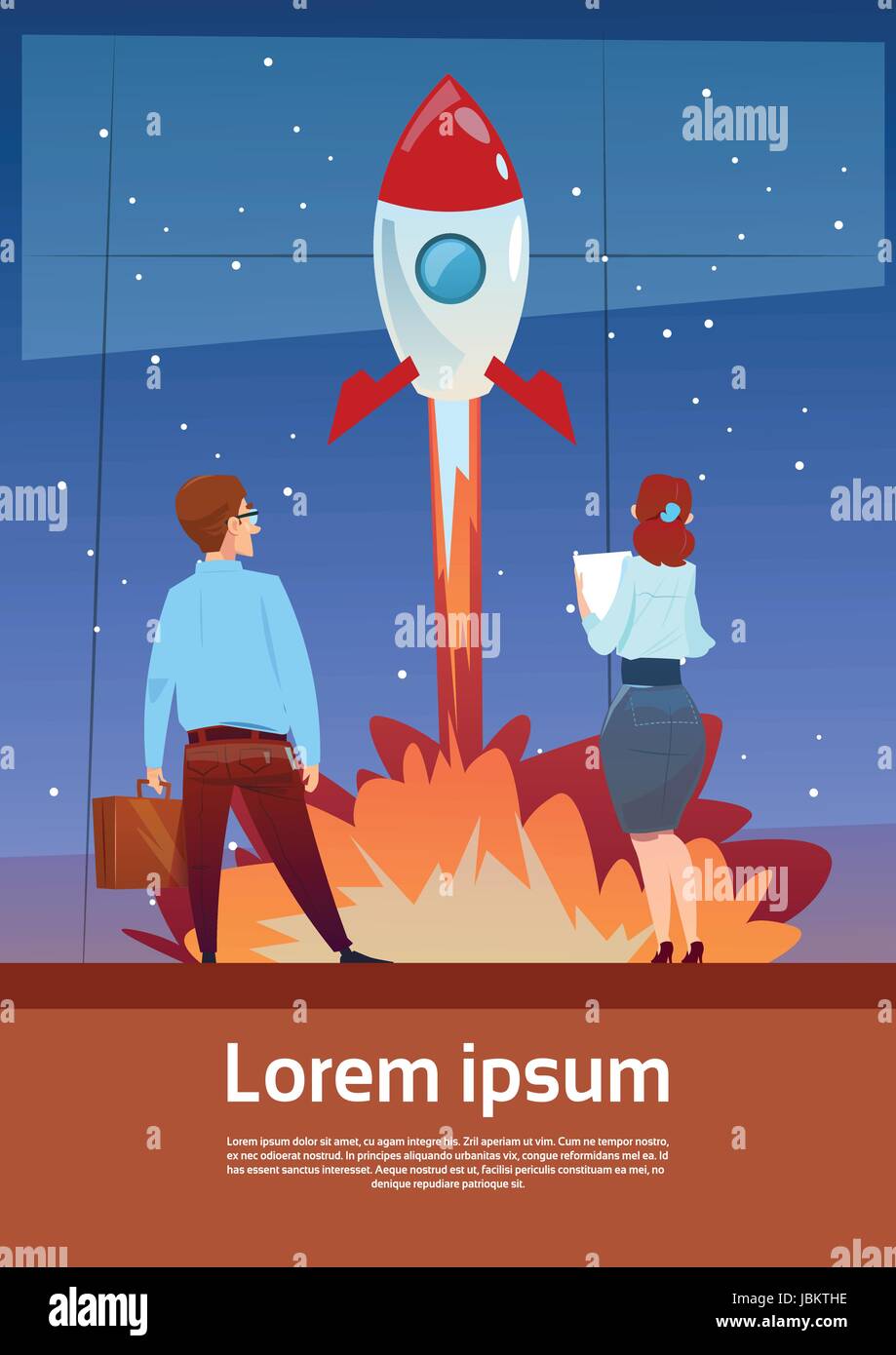 Business People Looking At Flying Rocket Teamwork Startup Concept Stock ...