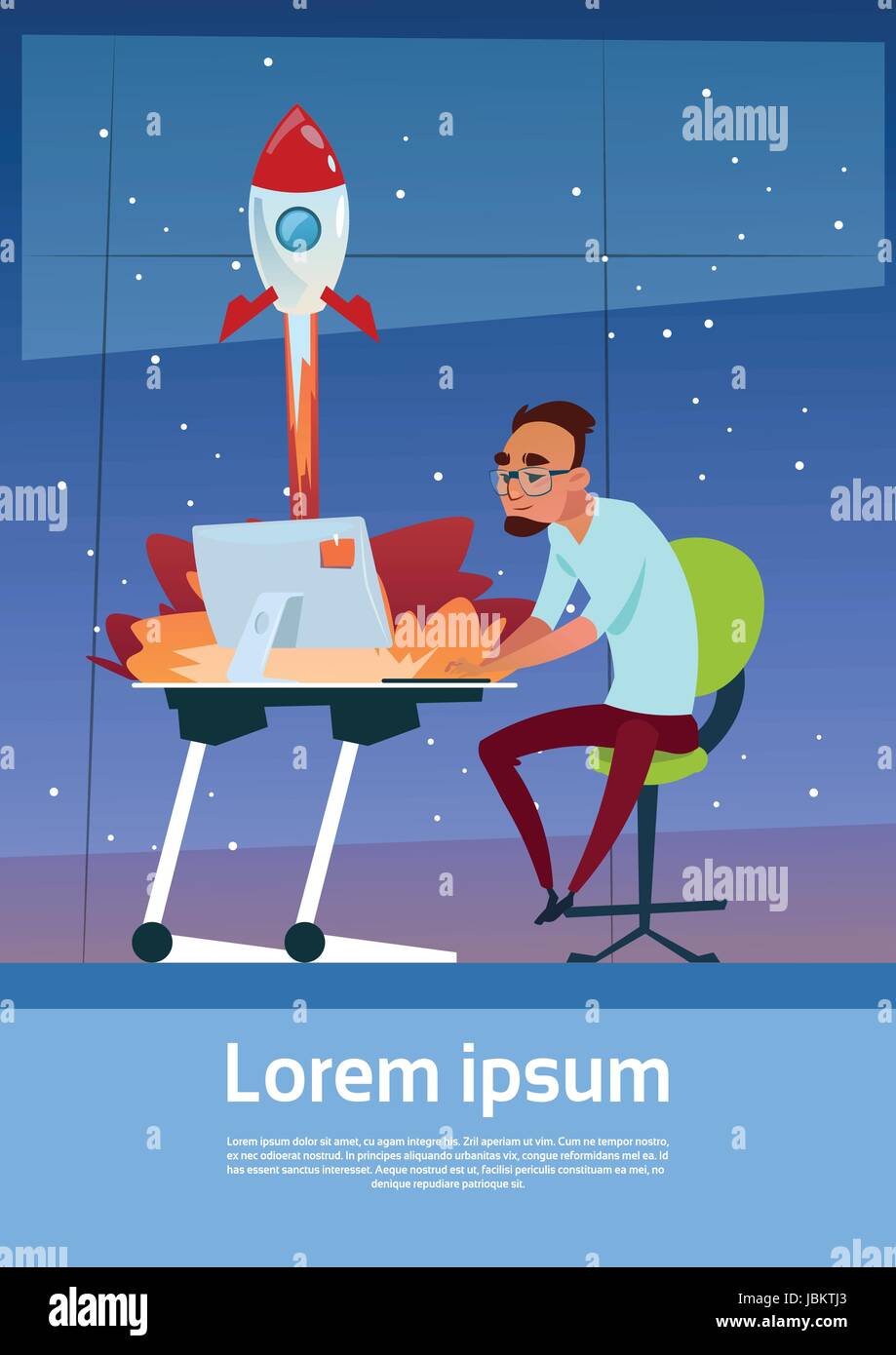 Business Man Sitting Desk Office Working Computer Desktop Space Rocket ...