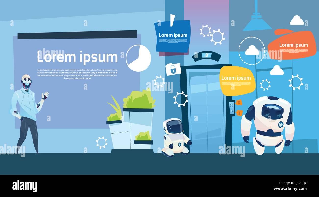 Modern Office Business Robots Group Working, Company Cyborg Team Banner ...