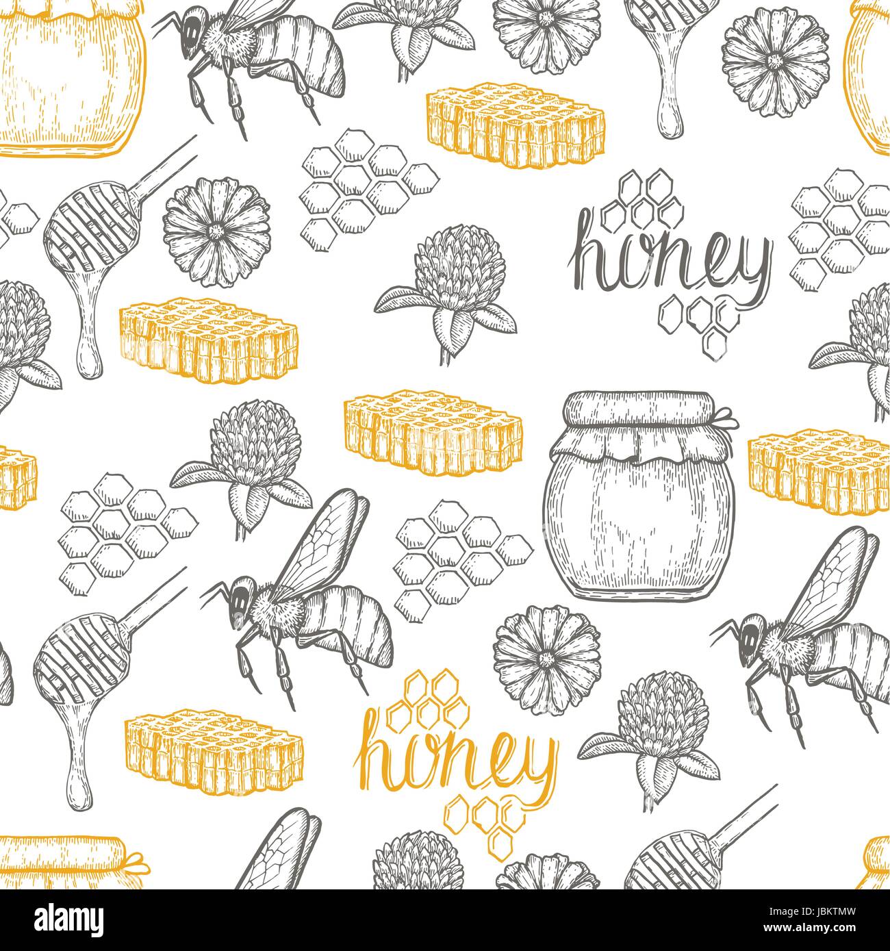 Hand drawn honey seamless pattern over white background Stock Vector ...