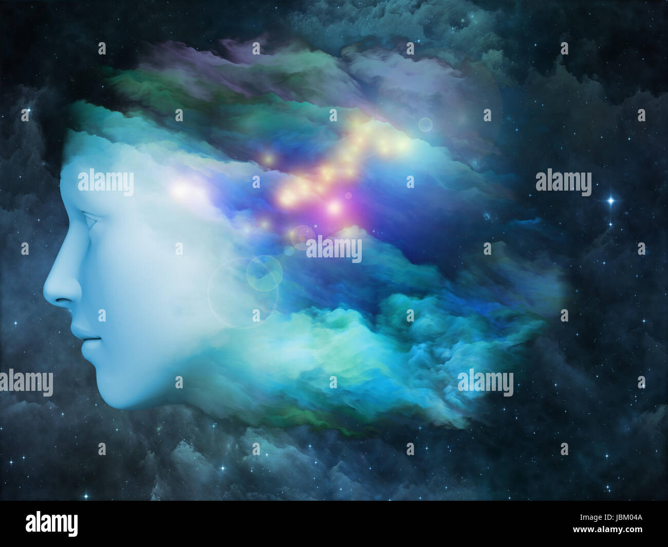 Universal Mind series. Composition of human head and fractal clouds ...