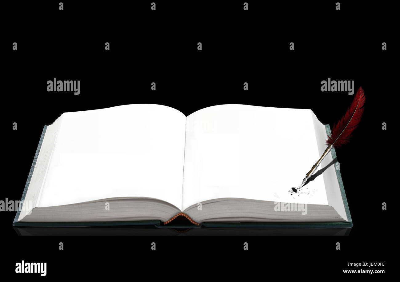 Open blanked book with pen on the black background Stock Photo - Alamy