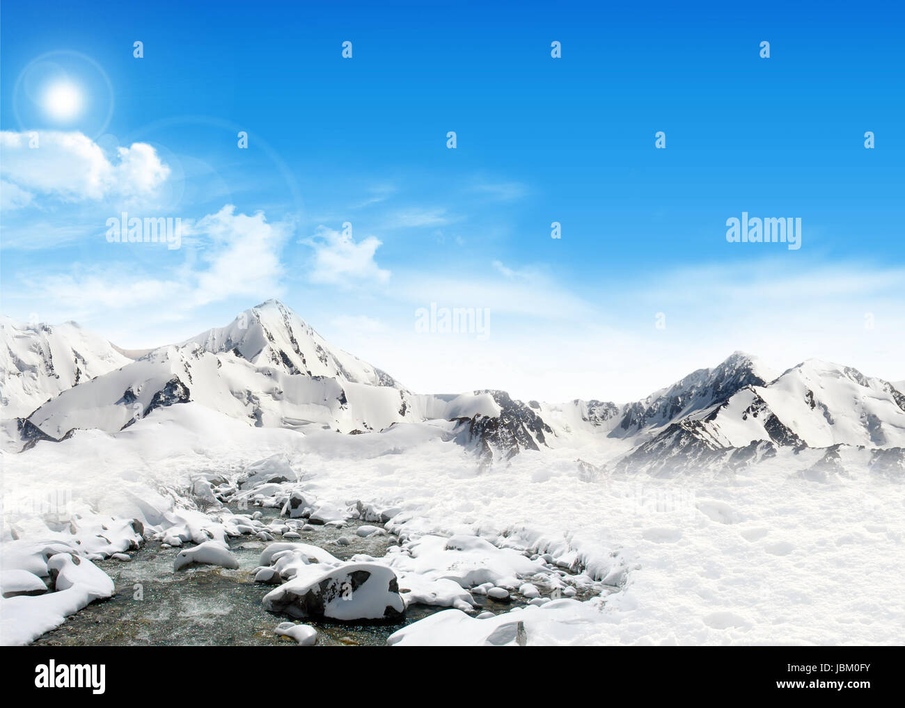 Mountain landscape: snowfield with stream and mountain glaciers in the ...