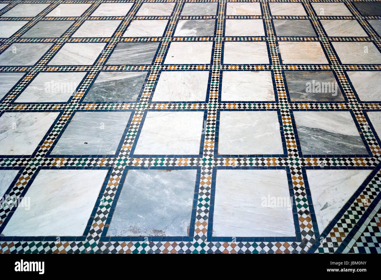 Traditional Arabic white, and blue marble and mosaic tiled floor ...