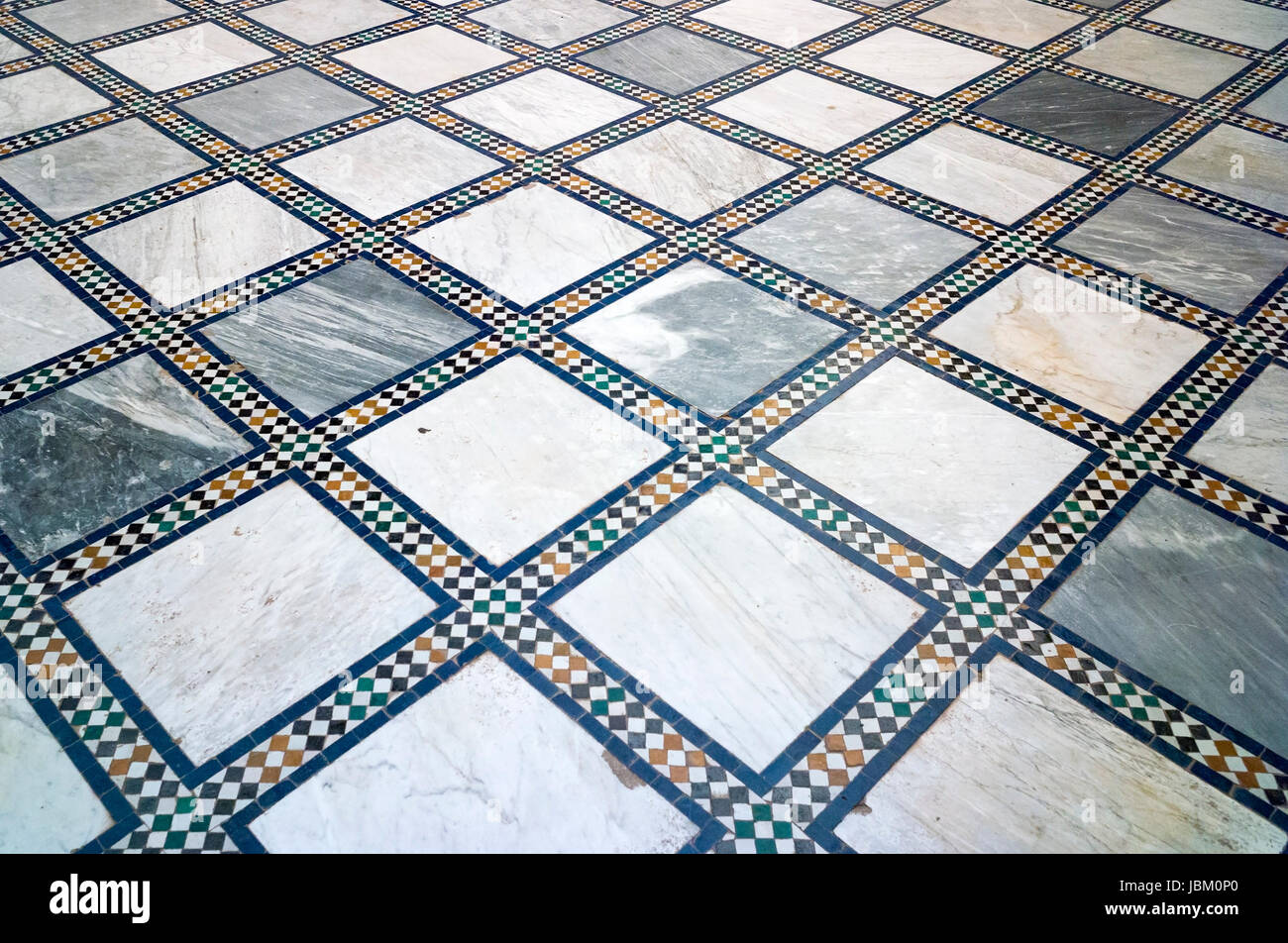 Traditional Arabic white, and blue marble and mosaic tiled floor ...