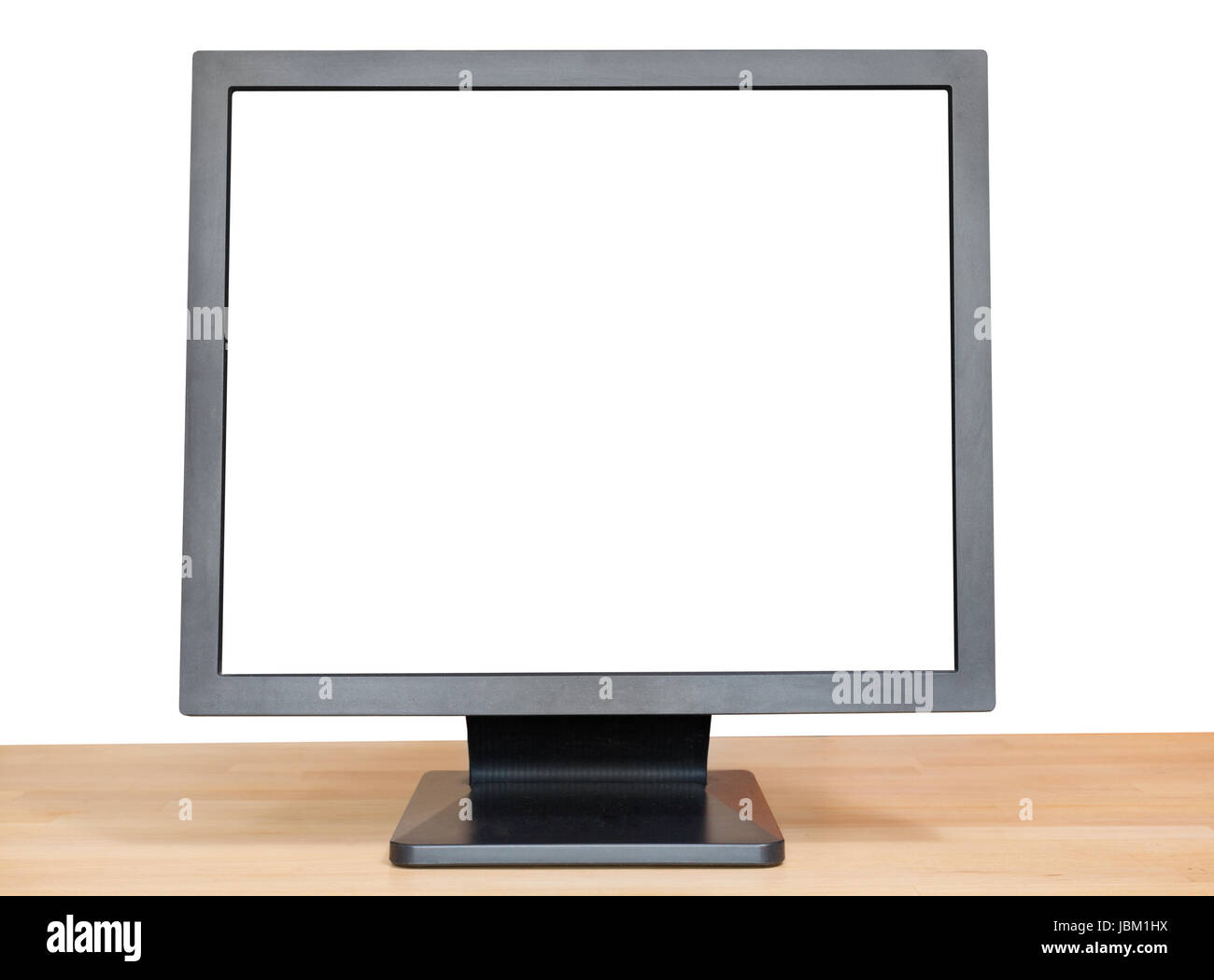 black display with cut out screen on wooden table isolated on white ...