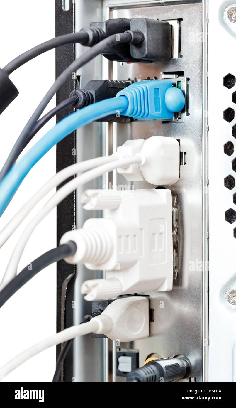 back side of computer isolated on white background - many cables and ...