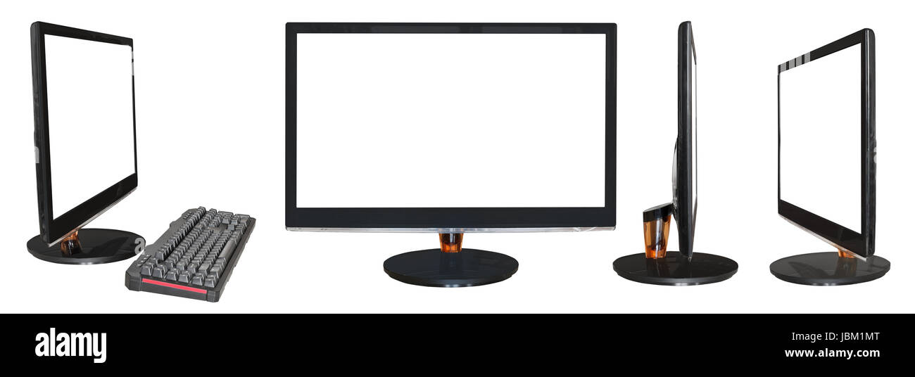 set of widescreen black computer displays with cutout screen isolated ...