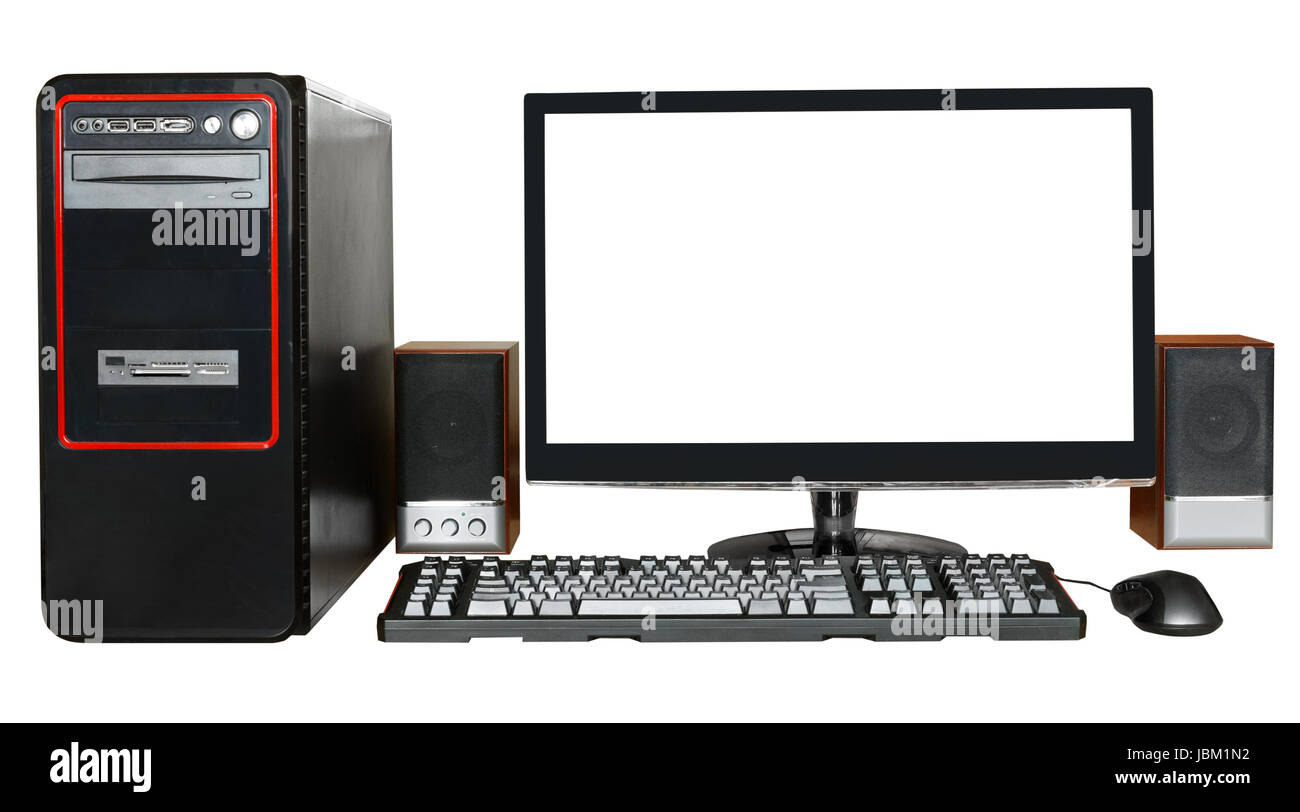 black desktop computer, widescreen display with cutout screen, keyboard ...