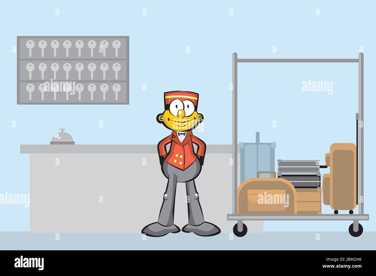 Hotel reception. Bellboy and suitcases. Conceptual illustration about ...