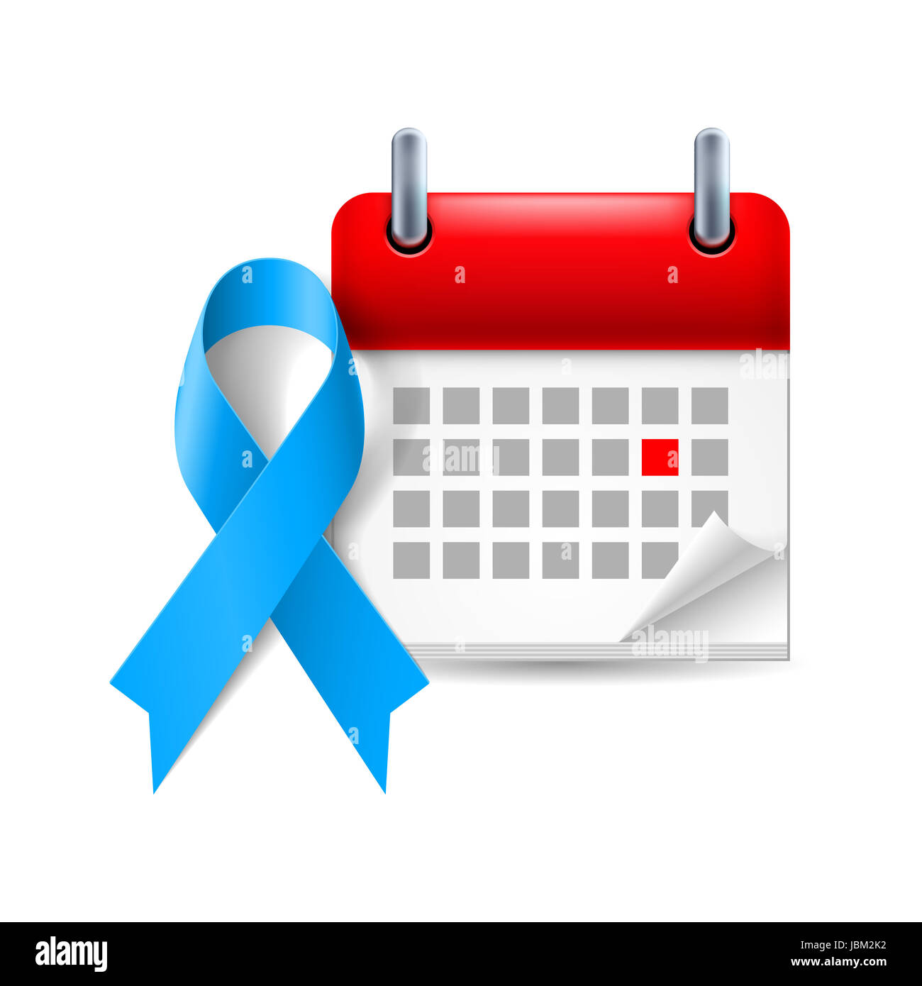 Blue awareness ribbon and calendar with marked day. Colon cancer, child ...
