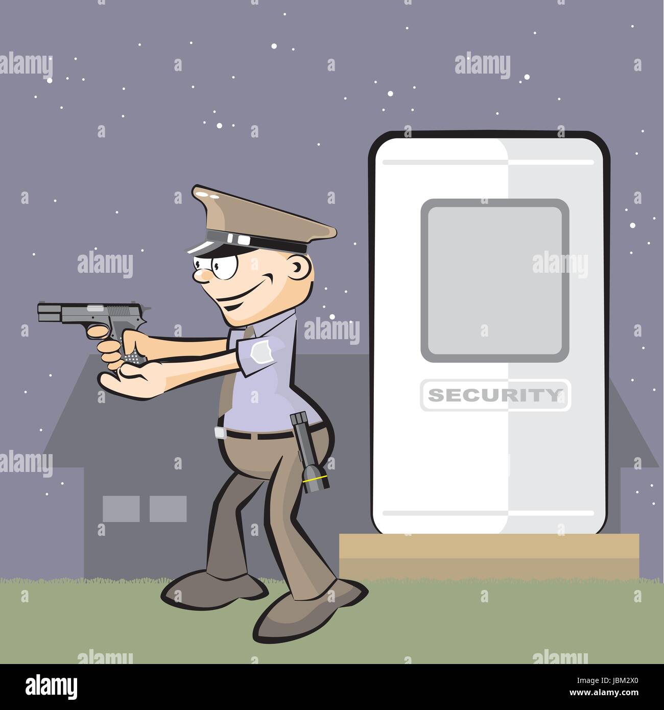 Guard armed with gun in hand. Security booth at Night. Custodying a ...