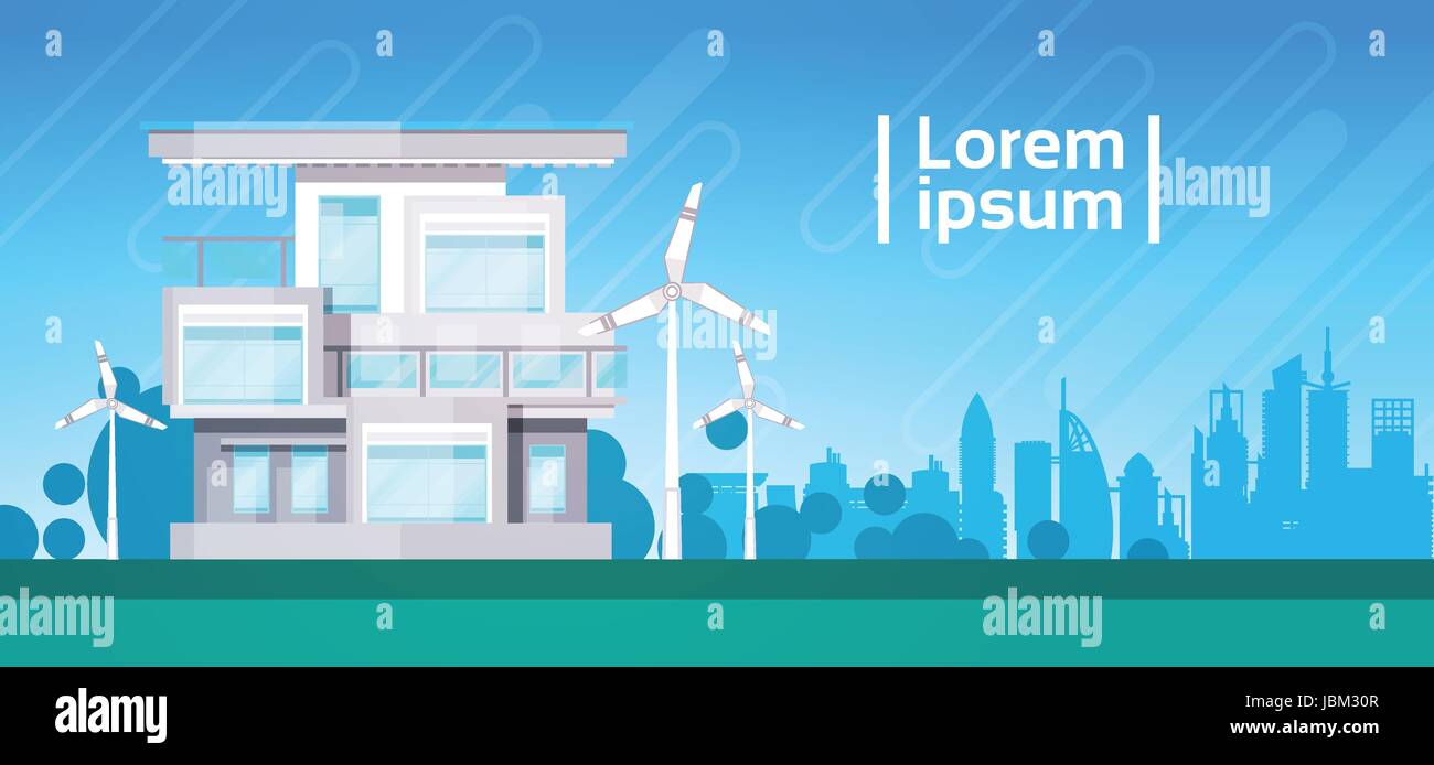 House Building With Wind Turbine Eco Real Estate Energy Efficient Stock ...