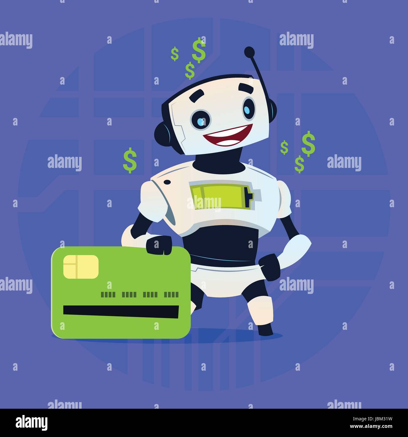 Cute Robot Hold Credit Card Mobile Payment Online Shopping Modern ...
