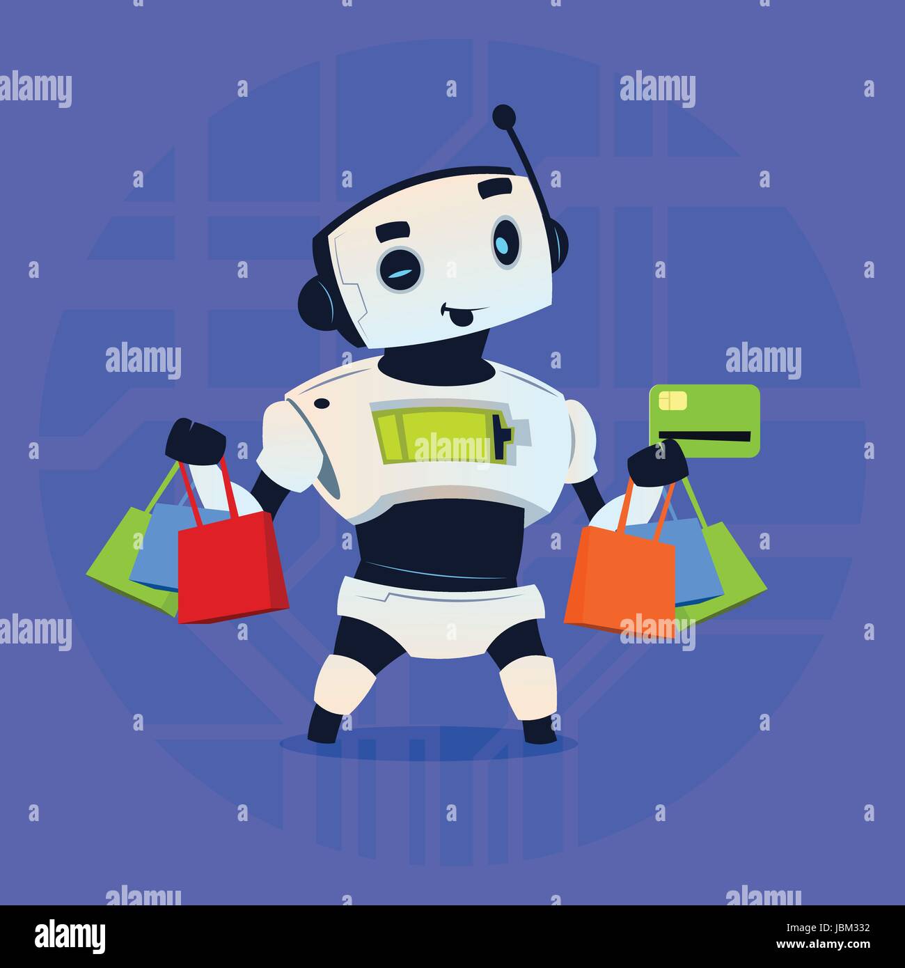 Cute Robot Hold Credit Card Mobile Payment Online Shopping Modern ...